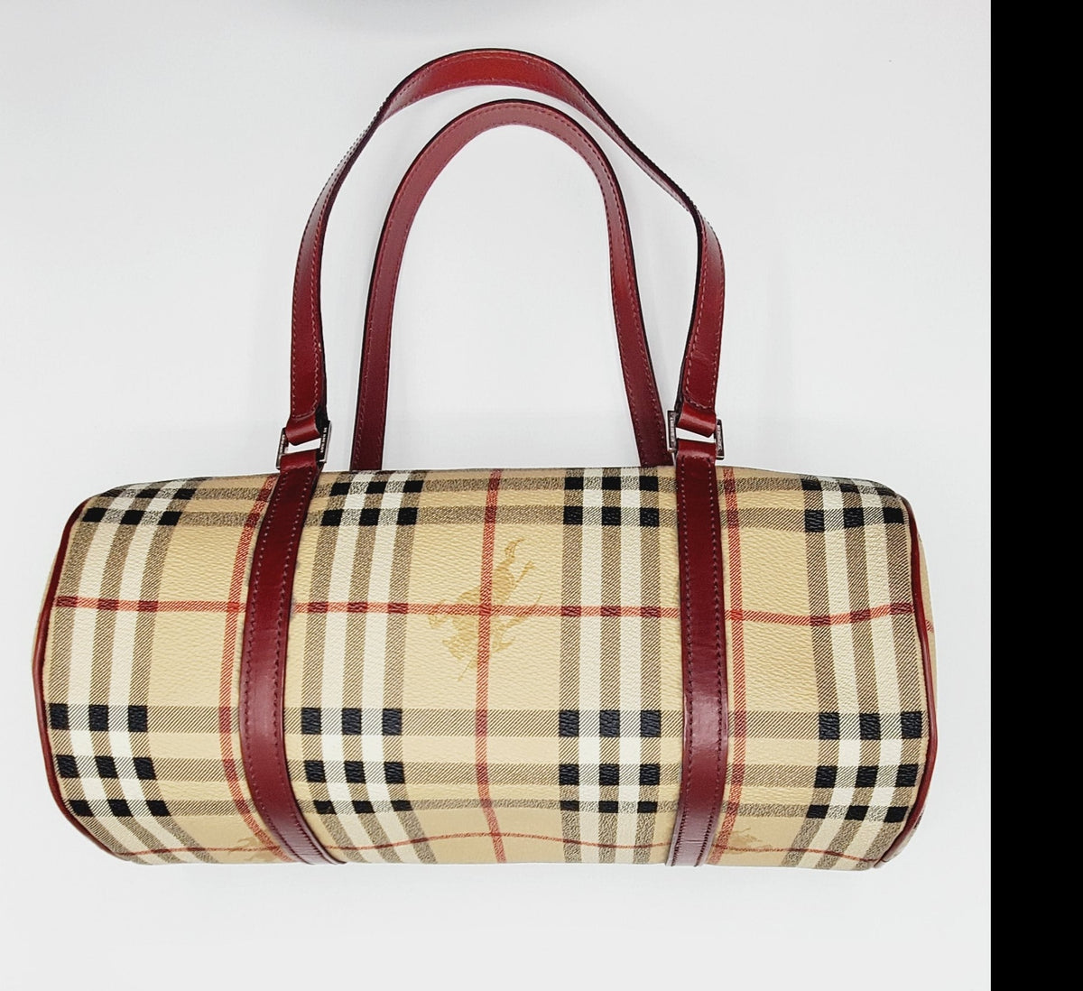 Women's Haymarket Check Coated Canvas Barrel Bag Red – Wow Me More